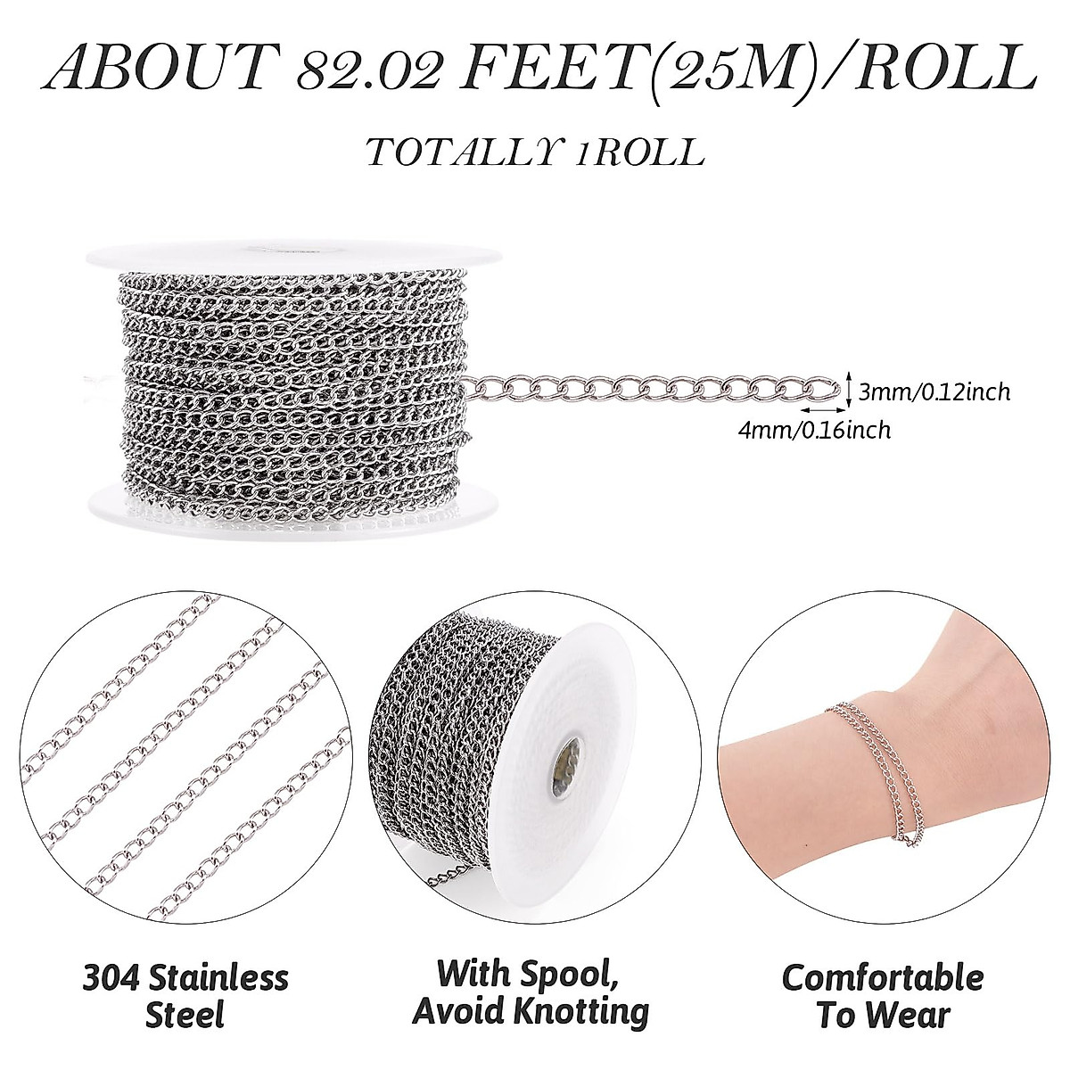 Pandahall 82 Feet/25M Soldered 304 Stainless Steel Curb Chains 4x3x0.6mm Stainless Steel Color Plated for Jewelry Making