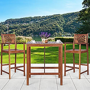 COSTWAY 3PCS Bar Table Set, Outdoor Acacia Wood Dining Set, Spacious Tabletop, Comfortable Backrest, Suitable for Sunroom, Backyard, Balcony, Space-Saving Design