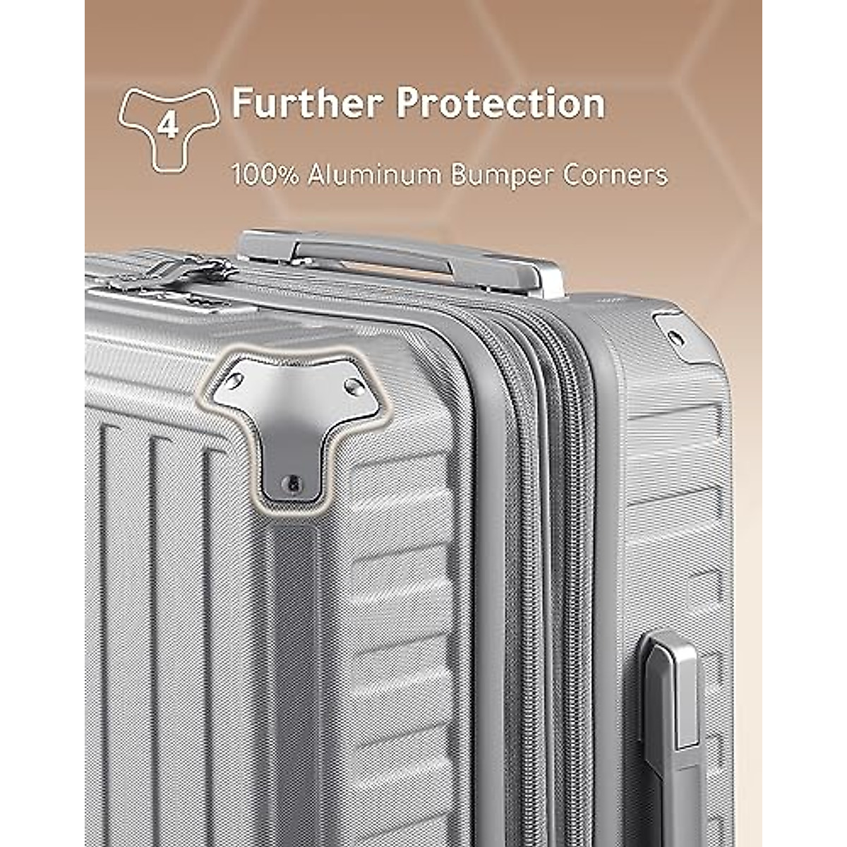 LUGGEX PC Carry On Luggage 22x14x9 Airline Approved - Expandable Hardside Luggage with Spinner Wheels - 4 Metal Corner Hassle-Free Travel (Silver Suitcase)