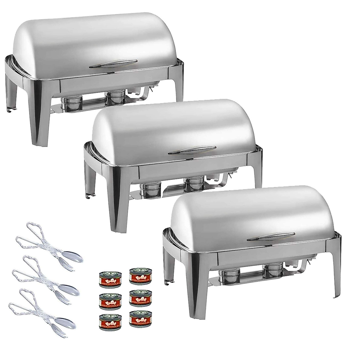 TigerChef Chafing Dish Buffet Set - Roll Top Chaffing Dishes Stainless Steel - 3 Chafer and Buffet Warmer Set with 6 Fuel Gel and 3 Plastic Tongs