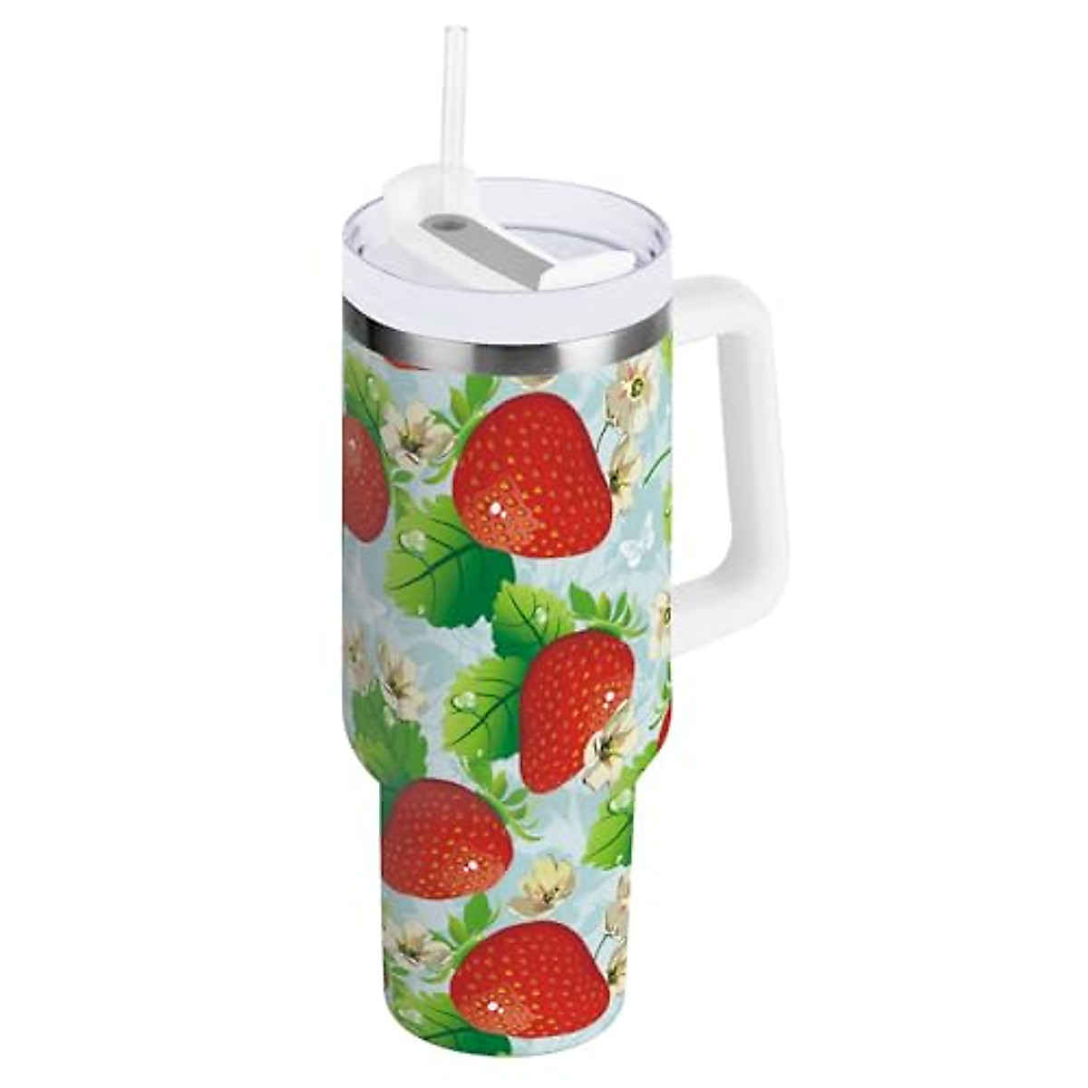 Wfrish Tumbler with Handle and Straw Lid,Red Ripe Strawberry Flowers Blue 40 oz Insulated Coffee Cup Stainless Steel Fruit Water Bottle Travel Mug Cupholder Friendly,Gifts for Women Men