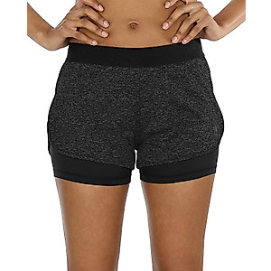 icyzone Running Yoga Shorts for Women - Activewear Workout Exercise Athletic Jogging Shorts 2-in-1 (Black Heather/Green Heather, L)