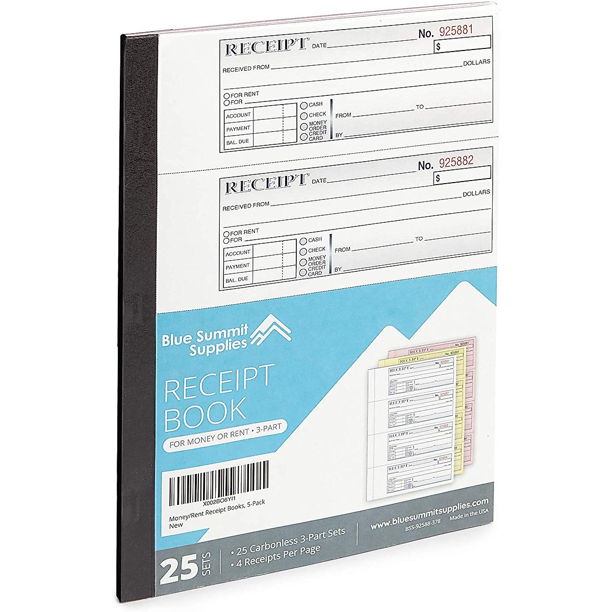Blue Summit Supplies Triplicate Receipt Book, 100 per Book, 500 Total, 5 Pack, 3 Part Carbonless Payment Receipt Books for Money, Rent, or Cash with White/Yellow/Pink Copies, 11 x 7.5 inch,