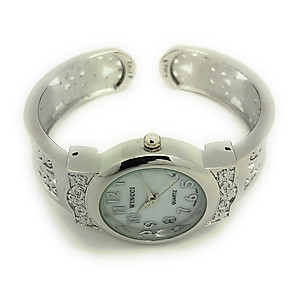 Wincci Ladies Elegant Metal Bangle Cuff Fashion Watch Pearl Dial (Silver)