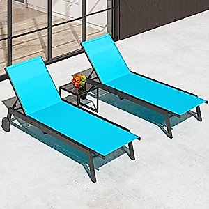 YITAHOME Outdoor Chaise Lounge Chairs Set with Side Table, Adjustable Backrest Poolside Loungers with Aluminum Frame/Textilene Fabric/Wheels for Pool Beach Patio Lawn Porch (Blue)