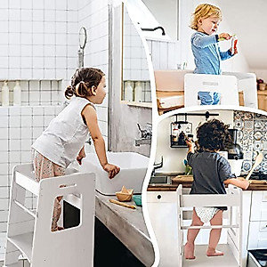 Kitchen Step Stool, WOOD CITY Toddler Kitchen Stool Helper with Safety Rail, Height Adjustable Child Standing Tower Learning Stool for Kitchen Counter and Bathroom Sink (White)