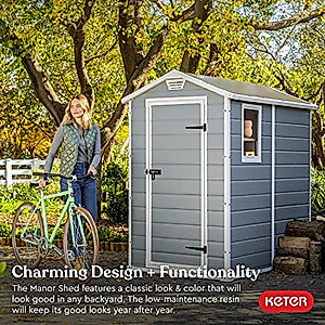 KETER Manor 4x6 Resin Outdoor Storage Shed Kit-Perfect to Store Patio Furniture, Garden Tools Bike Accessories, Beach Chairs and Lawn Mower, Grey & White