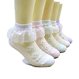 Hopply 5Pairs of Ruffle Pageant Frilly Socks for Toddler Girls Baby White Lace Ankle Dress Socks Summer Mesh Women Sock