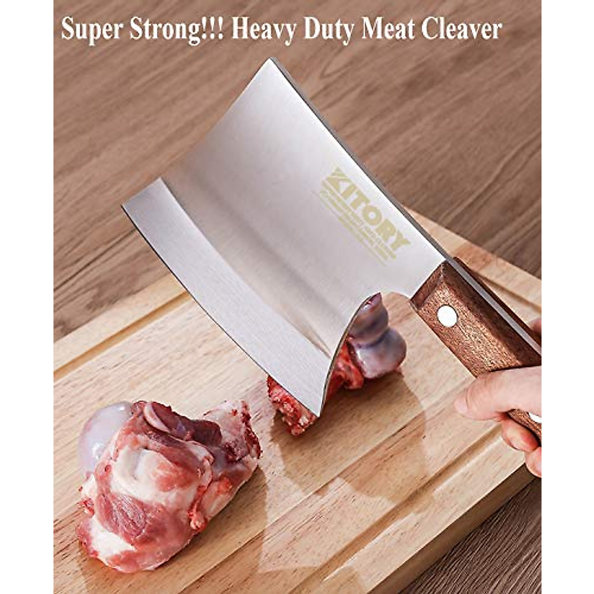 Kitory Bone Cleaver Heavy Duty Meat Cleaver Axes Bone Cutting Chopping Knife Thick Forged Butcher Knife for Meat&Bone, Full Tang, Wooden Handle, Forged Chinese Chopper for Kitchen&Restaurant 2LB-K4