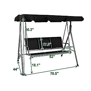 Vilobos Outdoor Patio Swing Chair, 3-Seater Porch Swing Bench with Adjustable Canopy and Duracble Metal Stand, Swing Set for Backyard, Porch and Garden, Black