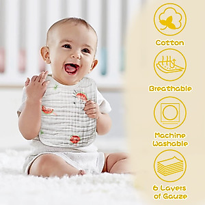 Zainpe 5Pcs Muslin Baby Bibs Banana Lemon Strawberry Pattern Cotton Lap-Shoulder Cloths Drool Bibs Machine Washable Feeding Bib with 6 Absorbent & Soft Layers for Unisex Infants Toddlers Newborns