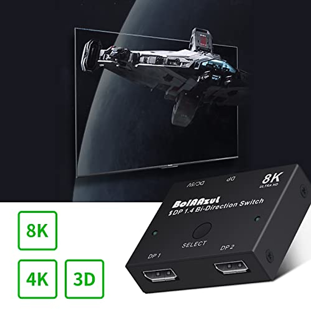 DisplayPort Splitter 8K DisplayPort Switch, BolAAzuL Bi-Directional Display Port Switcher Box 2 in 1 Out/DP 1.4 Splitter 1 in 2 Out for Dual Monitors - 8K@60Hz 4K@120Hz 2K@144Hz - for PC Computer
