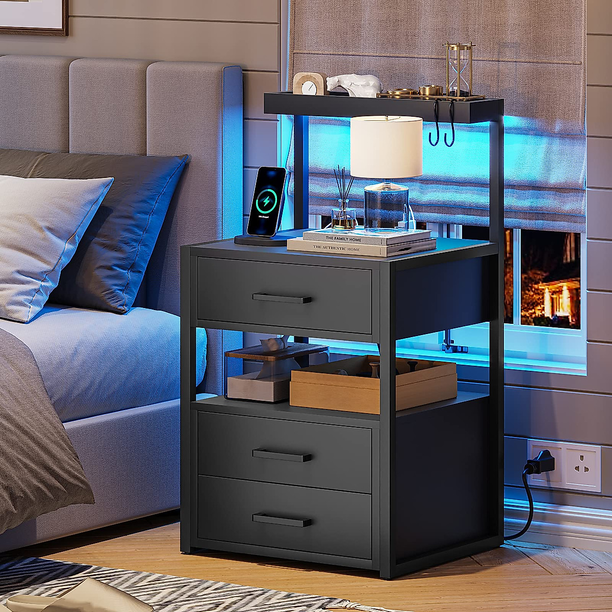Nightstand with Charging Station and LED Lights, LED Night Stand with 2 USB Ports and 2 AC Outlets, Modern End Table with 3 Drawers, Bedside Table with Open Storage for Bedroom, Black
