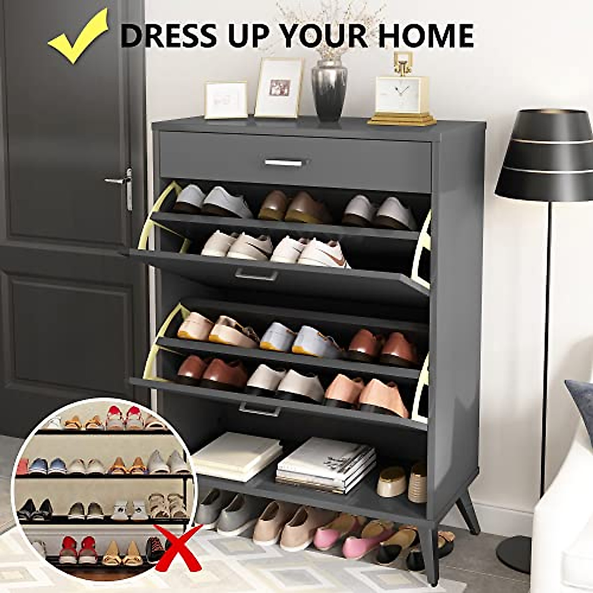 AWQM Shoe Cabinet for Entryway, Modern Free Standing Shoe Storage Cabinets, Wooden Slim Shoe Organizer Cabinet for Entryway, Hallway - Grey (Men's 8.5)