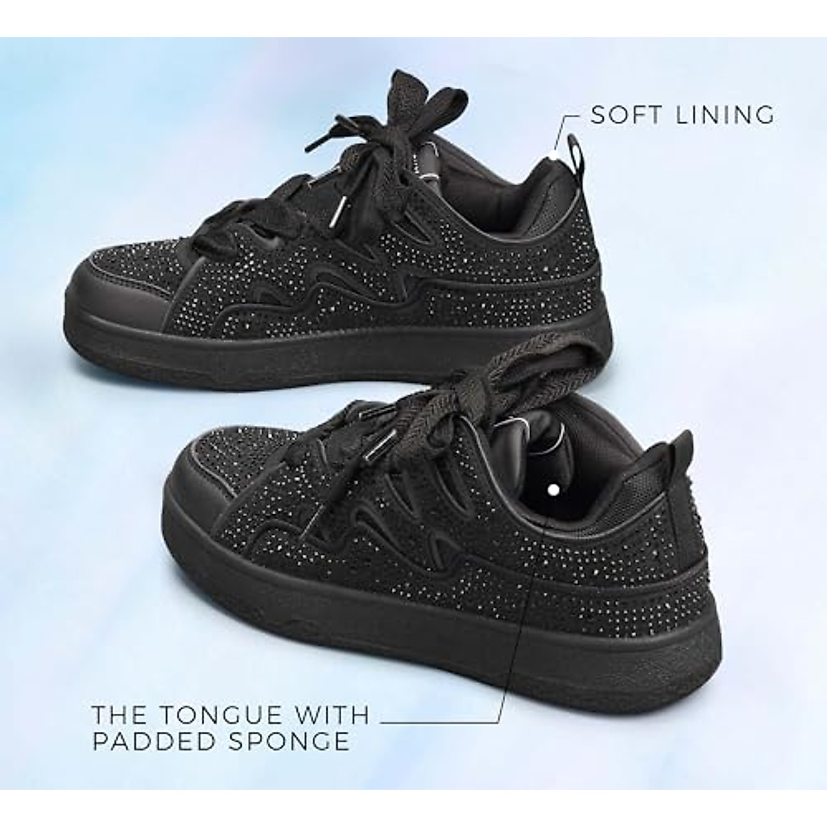 LUCKY STEP Women's Sparkle Rhinestone Fashion Sneakers Walking Tennis Bling Glitter Roaring Shoes Platform Lace up Casual Mesh Sneaker(Black Rhinestone,8.5)