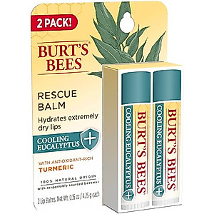 Burt's Bees 100% Natural Origin Rescue Lip Balm With Beeswax and Antioxidant-Rich Turmeric Promotes Healing Of Extremely Dry Lips, Cooling Eucalyptus, 2 Tubes in Blister Box(Pack May Vary)