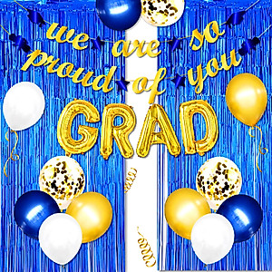 2022 Graduation Party Decorations-Blue and Gold We Are So Proud Of You Banner, Congrats Grad Balloon Foil Curtain Backdrop Party Supplies, Photo Prop for Indoor Outdoor Home High School, College