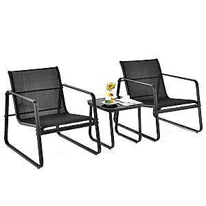 Giantex 3 Pieces Patio Bistro Set, Outdoor Dining Furniture Set with Rustproof Steel Frame, Porch Conversation Set with Glass Top Table & 2 Lawn Chairs for Garden Balcony Deck Yard, Black