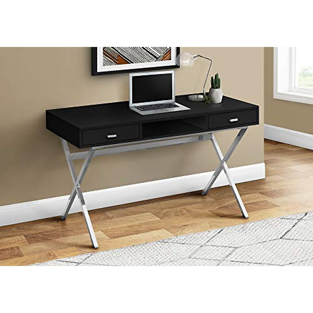 Monarch Specialties Laptop Table with Drawers and Open Shelf Computer, Writing Desk, Metal Sturdy, 48" L, Black/Chrome Legs