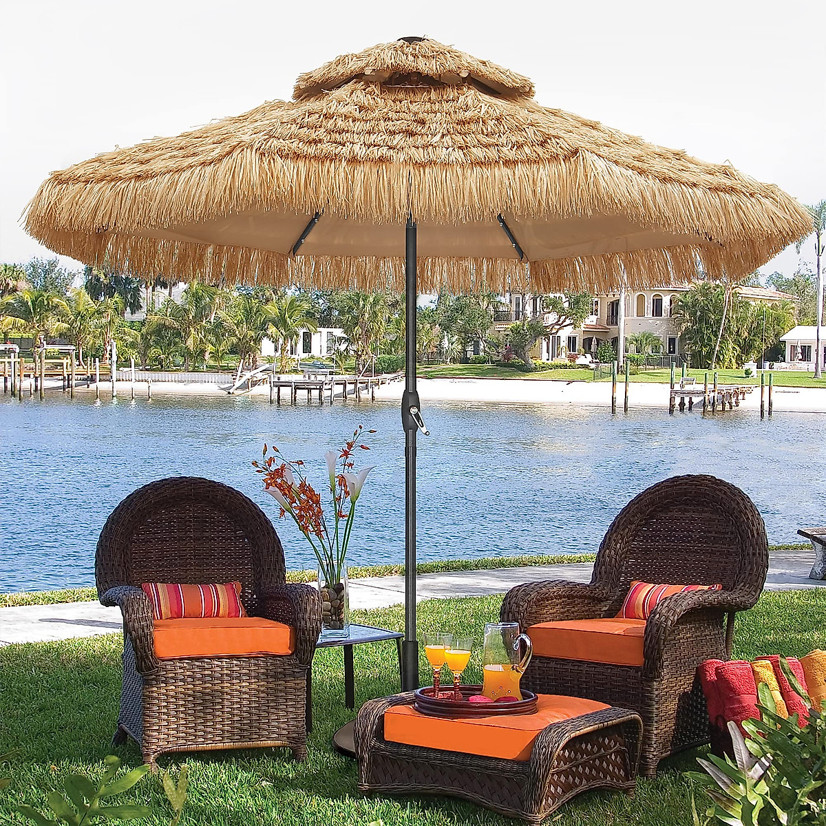 Saemoza 9ft Thatched Patio Tiki Umbrella with Tilt, 32 built-in LED lights 2 Tier Hawaiian Style Beach Patio Umbrella (NO Base)