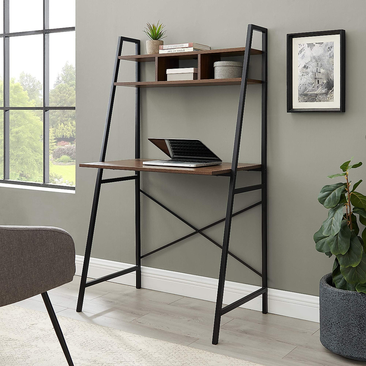 Walker Edison Industrial Wood and Metal X-Back Ladder Desk Home Office Workstation, 56 Inch, Grey Wash