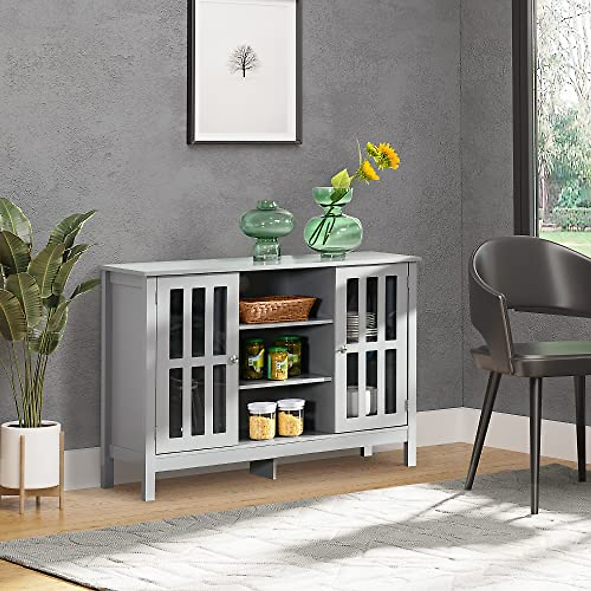 HOMCOM Sideboard, Buffet Cabinet, Coffee Bar Cabinet, Kitchen Cabinet with Storage Shelves, Slatted Framed Doors and Cable Management for Living Room, Gray