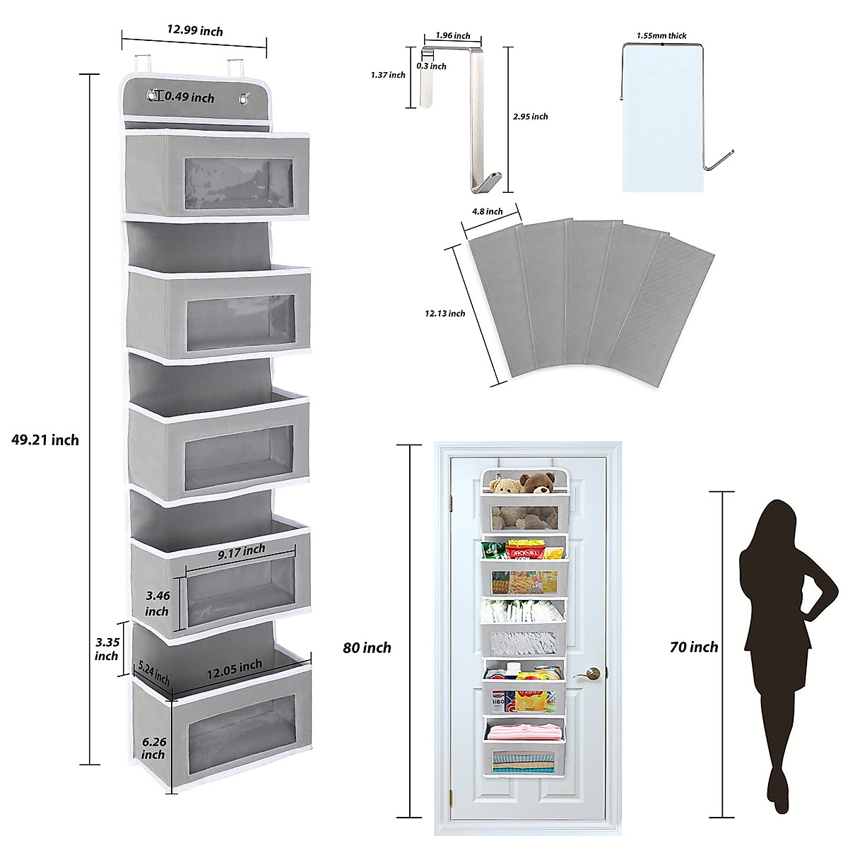 sysucpion Over The Door Hanging Organizer Storage with 5 Clear Window Large Capacity Pocket and 2 Metal Hooks for Pantry,Closet,Bathroom,Kitchen,Nursery,Dorm