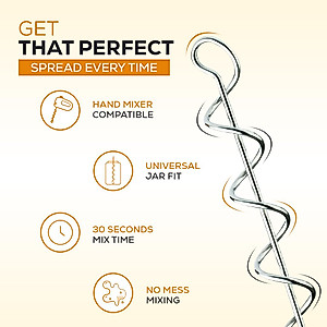 The Nutbutter Mixer, Attachment Fits Most Powered Hand Mixers or Drills, Reaches The Bottom of Most Size Jars, Stainless Steel Peanut Butter Mixer and Almond Butter Stirrer.