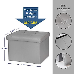 Folding Cube Storage Ottoman with Padded Seat , Foot Rest & Stepping Stool - PU Leather Grey Ottoman with Storage for Living Room & Bedroom