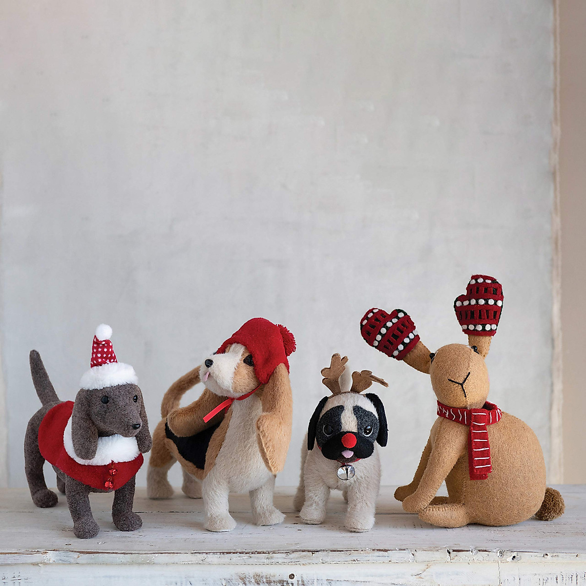 Creative Co-Op 16" L x 4" W x 12-1/4"H Fabric Dachshund with Santa Hat & Coat, Brown, Red & White
