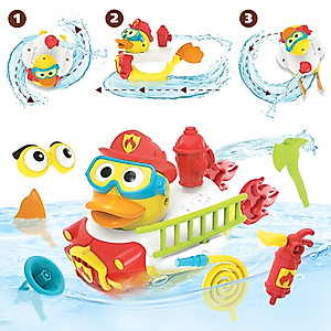 Yookidoo Jet Duck Firefighter Bath Toy with Powered Water Hydrant Shooter - Sensory Development & Bath Time Fun for Kids - Battery Operated Bath Toy with 15 Pieces - Ages 2+