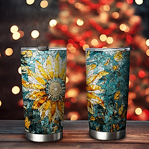 ORCAE 20oz Beautiful Colorful Daisy Flower, Stained Glass Style Flowers, Yellow White Flower Tumbler Cup, Insulated Travel Mug with Lid, Coffee Thermos for Men, Women, Gifts for Women - K