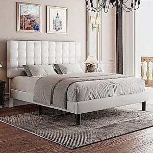 Feonase Full Size Bed Frame with Square Stitched Headboard, Faux Leather Upholstered Platform Bed Frame, High-Density Sponge Filled, Solid Wood Slats, No Box Spring Needed, Noise-Free, White
