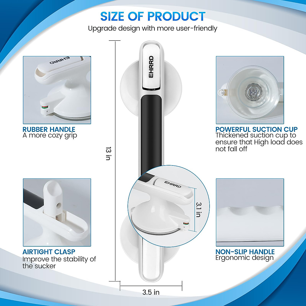 A Pair(Two) EHRRD 12-Inch Gray Suction Cup Bathroom Grab Bar with Black Accent - Secure Safety Handle for Bathtubs and Showers, Non-Slip Shower Handrail for Seniors and Elderly, No Drilling Required