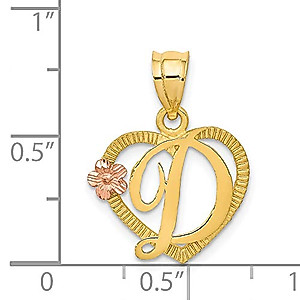 14k Two-Tone Yellow Gold Letter D Initial With Rose Gold Flower Inside Open Heart Pendant 22x16mm