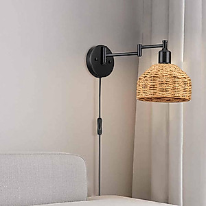 Plug in Wall Sconces, Swing Arm Wall Lamp with Natural Paper String Lampshade Set of 2, Vintage Adjustable Wall Mounted Sconce Wall Lighting Fixture for Bedroom,Bedside,Kitchen,Living Room,Reading