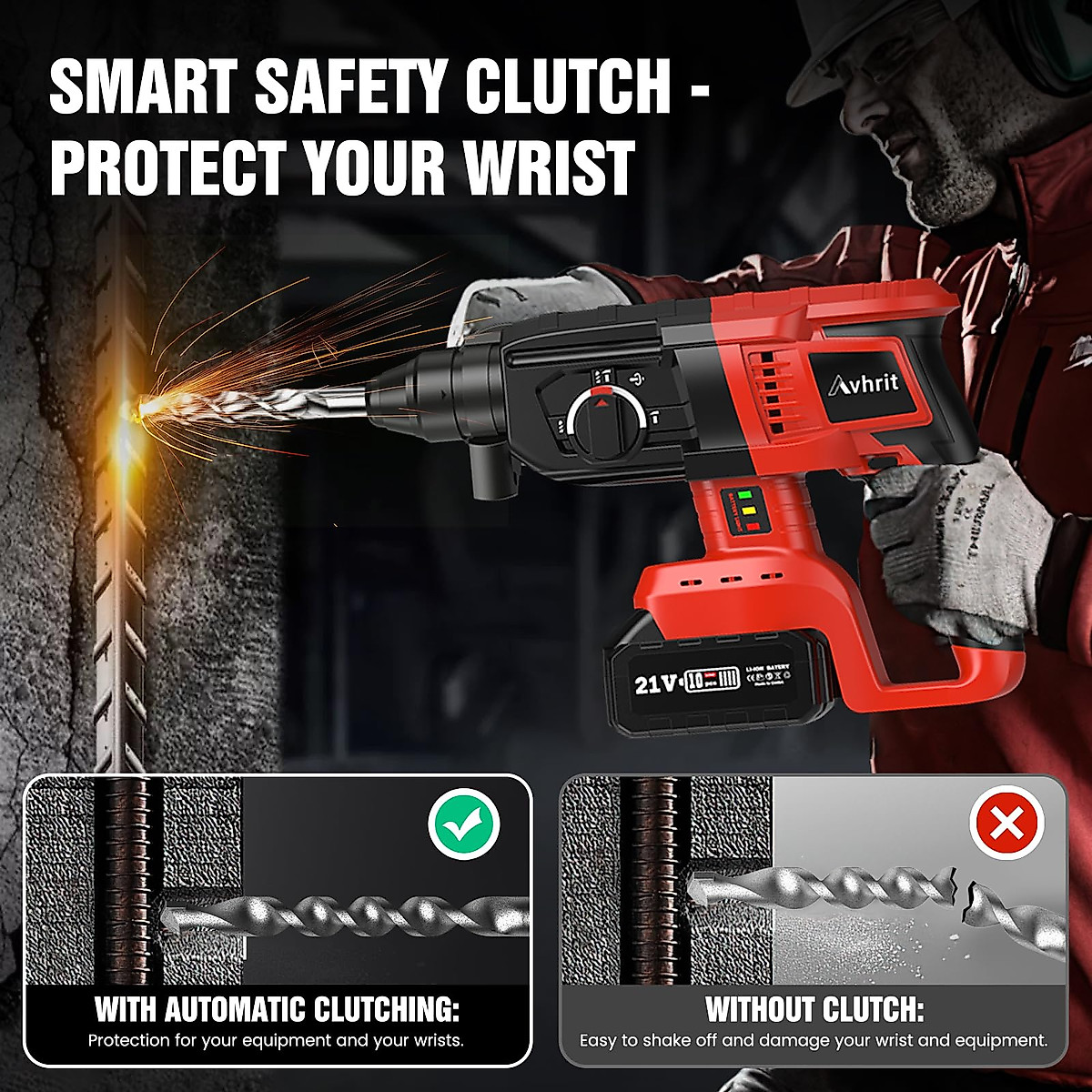 Avhrit 21V Cordless Hammer Drill, Powerful Rotary Hammer Drill with Batteries, Drill Bits, Brushless Motor, Safety Clutch, 4 in 1 Hammer Drill for Concrete Home Use and Professional Construction Work