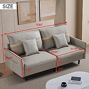 gefayluo 72.8 inch Sofa Couch Mid-Century 3-Seat Tufted Love Seat for Living Room Bedroom Office Apartment Dorm Studio and Small Space 2 Pillows Included (Silvery Gray)