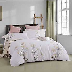 Melange Home Cotton Floral Embroidery Duvet Set, King, Blue Stitching on White
