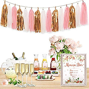 Aonor Rose Gold Mimosa Bar Bridal Shower Decorations Supplies – Glittery But First Mimosas Banner and Tissue Paper Tassels Garland for Wedding Baby Shower Party Bar Sign Decorations