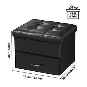 AmasSmile® Storage Ottoman Foot Rest Stool, 16 inch Leather Folding Footstool Bench, Short Ottoman Bench, Storage Foot Rest Store, Books,Records Support 220 lbs, Black