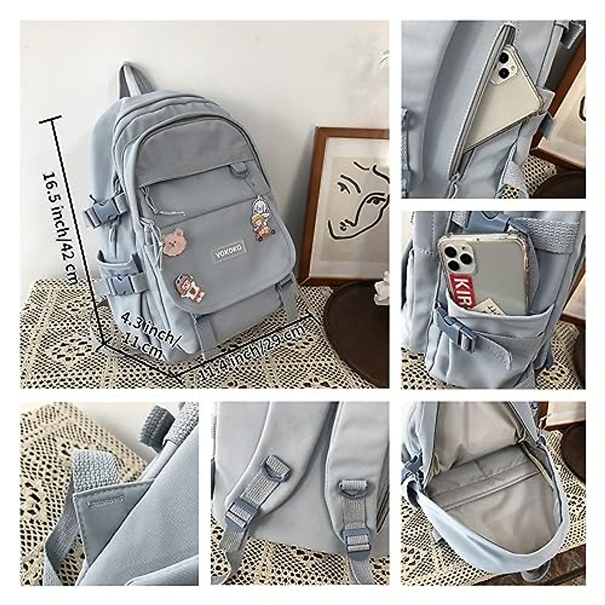 FORJMMP Aesthetic Backpack with Cute Pins, Anti-theft Casual Daypack for Women (White)