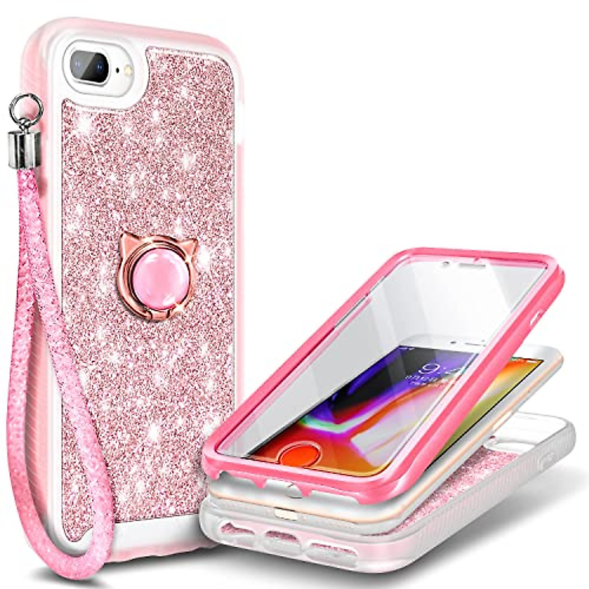 NGB Supremacy Case for iPhone 8 Plus, iPhone 7 Plus /6 Plus /6S Plus, Full Body Protection [Built-in Screen Protector] Ring Holder/Wrist Strap, Slim Fit Shockproof Bumper Case (Glitter Rose Gold)