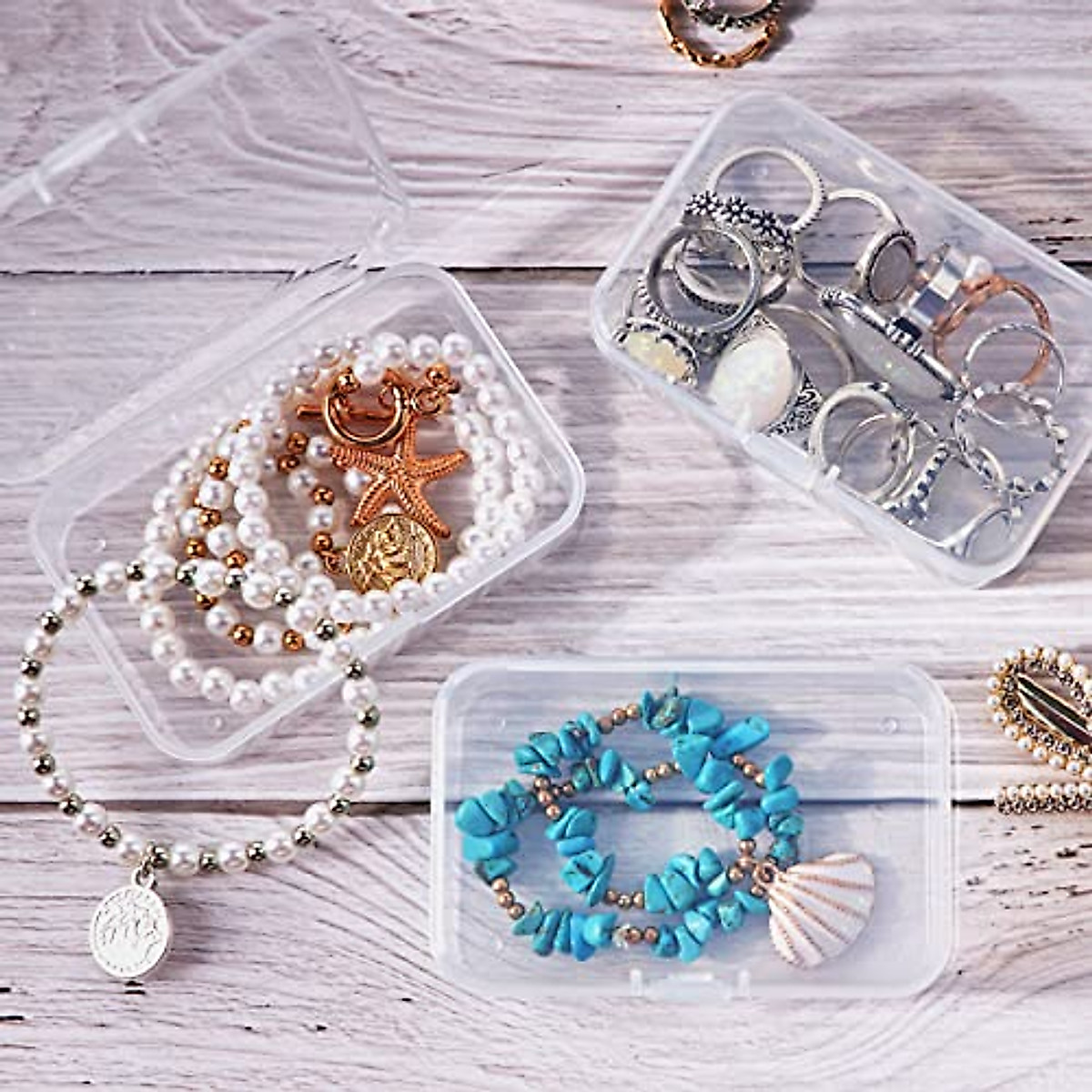 Qeirudu 24 Pcs Mixed Sizes Rectangle Mini Plastic Containers - 4 Mixed Small Craft Storage Boxes with Hinged Lids Clear Bead Organizer for Jewelry Findings, Office Supplies and Game Pieces