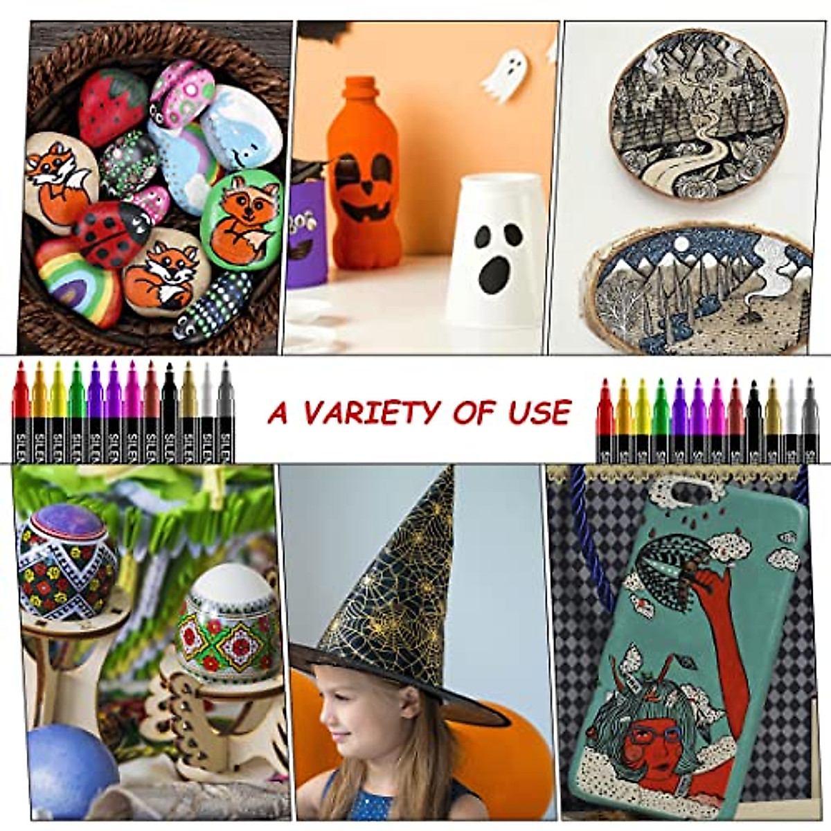 SILENART Paint Pens for Rocks. Acrylic Paint Pens Paint Markers for Wood, Canvas, Mentol, Plastic, Glass, Fabric. Set of 12 Paint Markers Fine Tip, Including Portable Bag