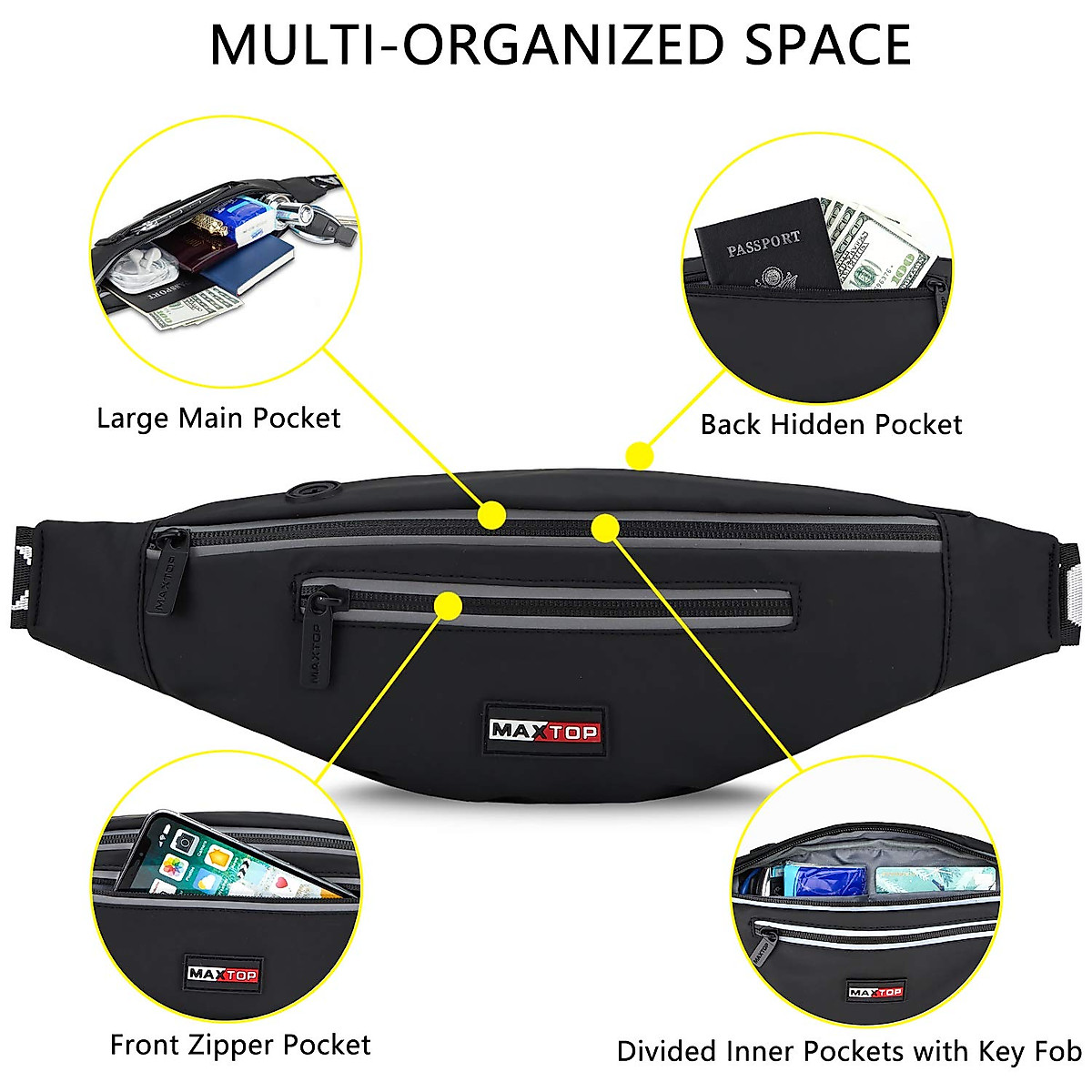 MAXTOP Slim Fanny Packs for Women Men with Water-Resistant PU Leather Waist Pack Belt Bag for Biking Running Jogging Traveling Outdoors Workout Cycling Fitness and Hiking (Black)