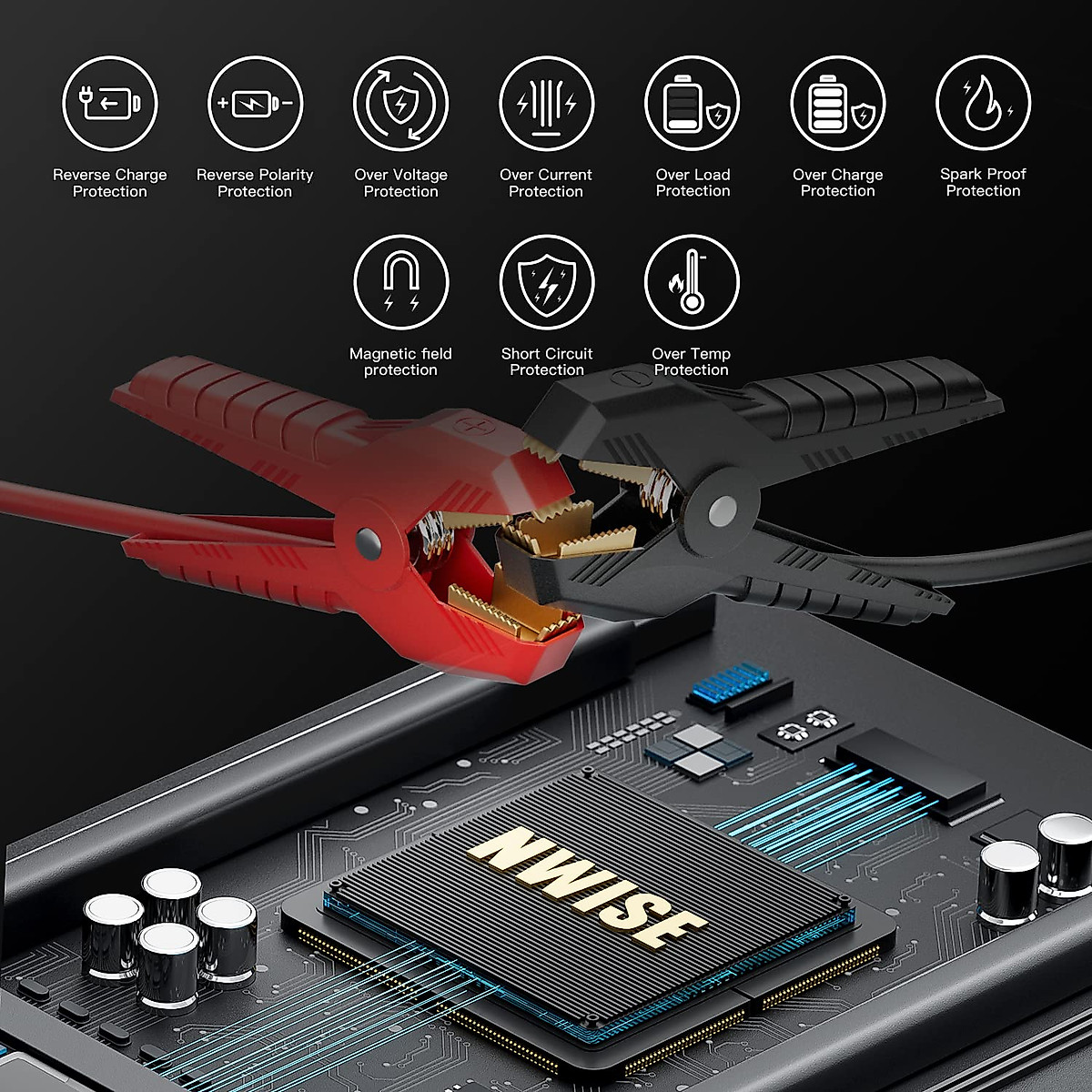 NWISE Car Jump Starter, 3000A Peak 25800mAh Portable Battery Starter (Up to 10L Gas or 8L Diesel Engine) with Smart Safety Jumper Clamps,12V Jump Boxes with 65W Fast Charging