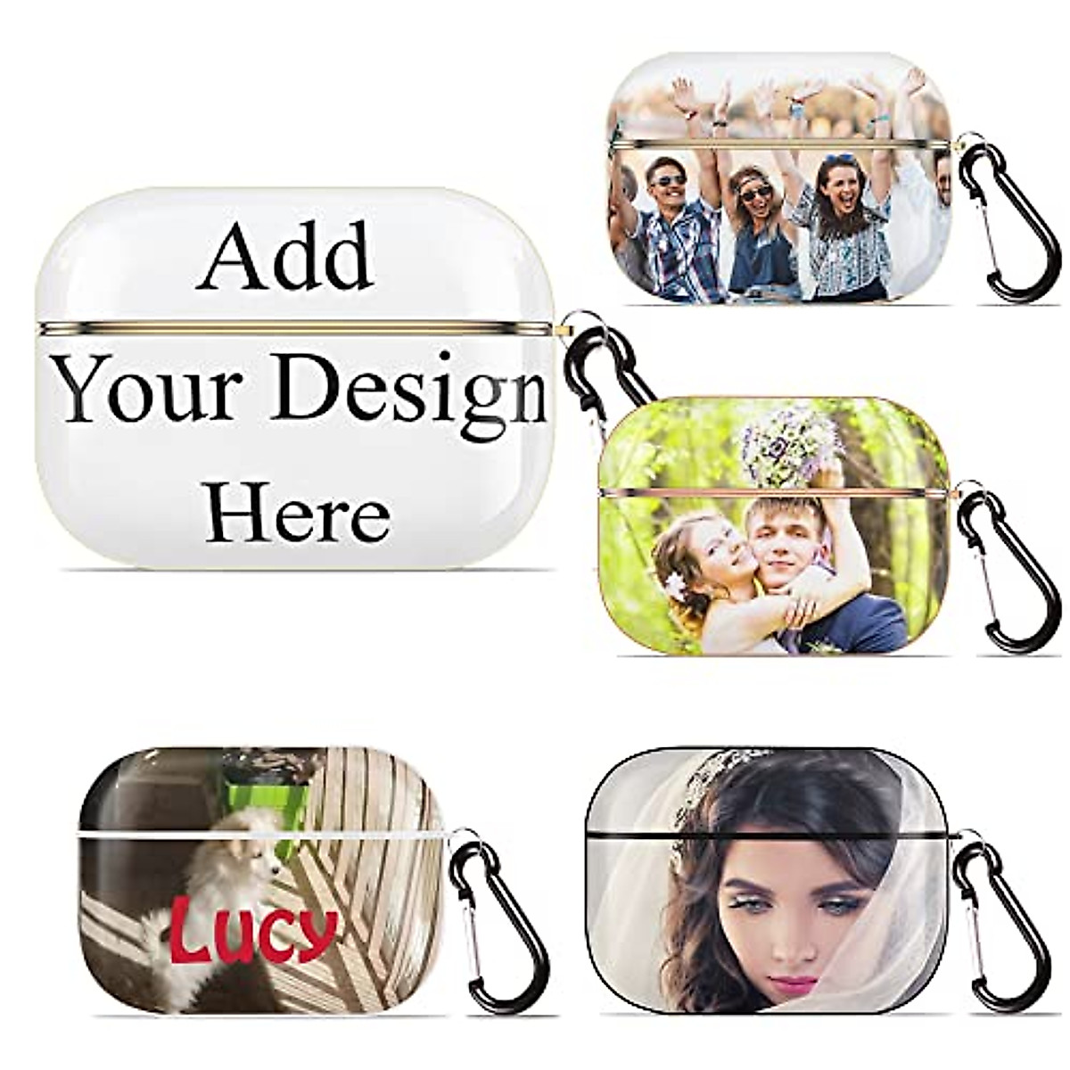 Custom Air-Pods Case Personalized Photo Logo Name Hard Case Cover for Airpods Pro with Portable Keychain Airpod Protective Accessories Gift for Men Women Gold Border