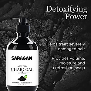 Saragan Activated Charcoal Shampoo - Natural Clarifying Shampoo w/Keratin, Argan & Jojoba Oils - Sulfate & Paraben Free Shampoo for Women and Men - Charcoal Detox Shampoo (16 oz) All hair types