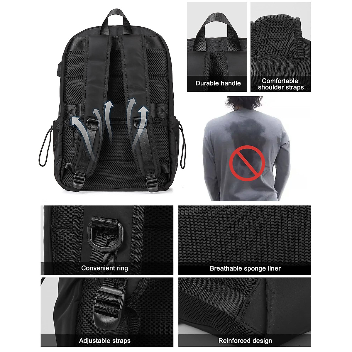 Small Black Travel Laptop Backpack Airline Approved, Business Laptops Carry on Backpack with USB Charging Port,Waterproof College High School Bag Bookbag Gifts for Men Women Fits 14 Inch Notebook